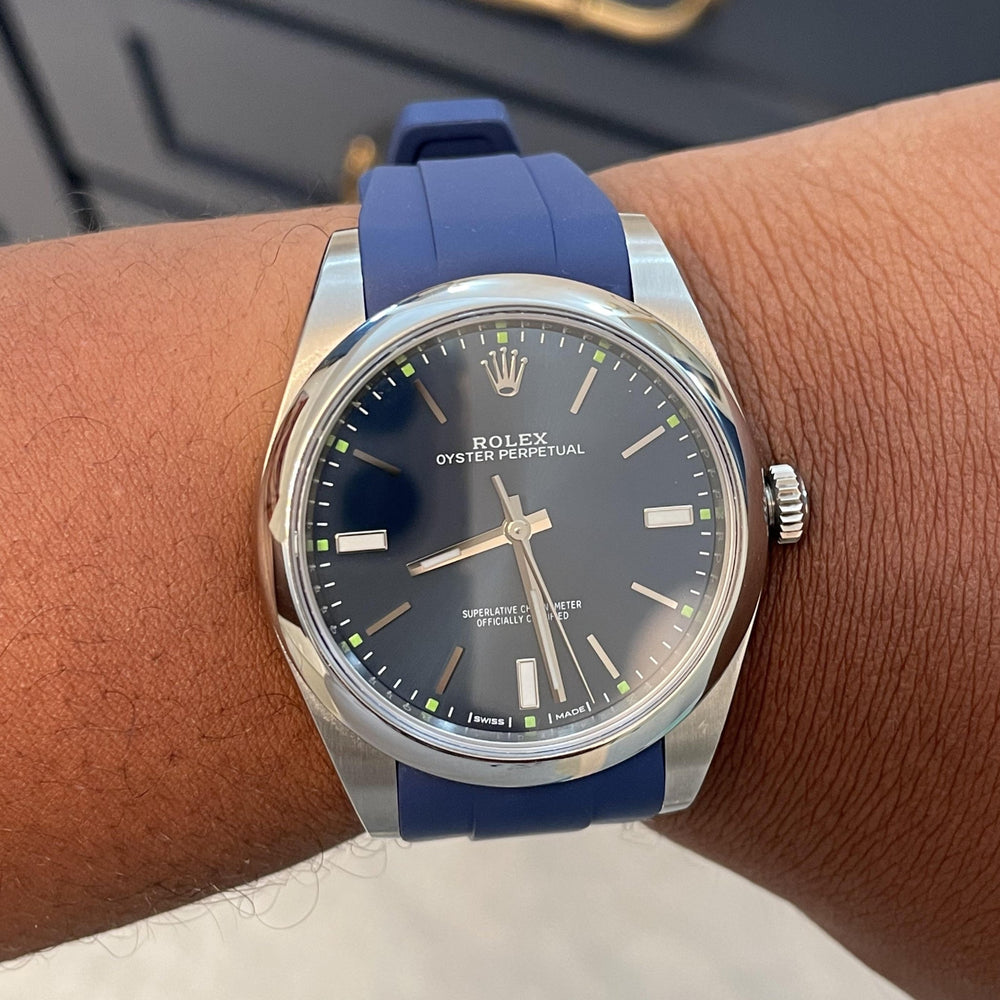 Rolex Oyster Perpetual 39mm Rubber Strap in Navy Blue - Helvetus ...